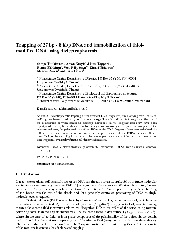(PDF) Trapping of 27 bp–8 kbp DNA and immobilization of thiol-modified ...