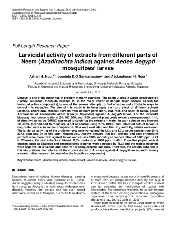 (PDF) Larvicidal activity of extracts from different parts of Neem (Azadirachta indica) against ...