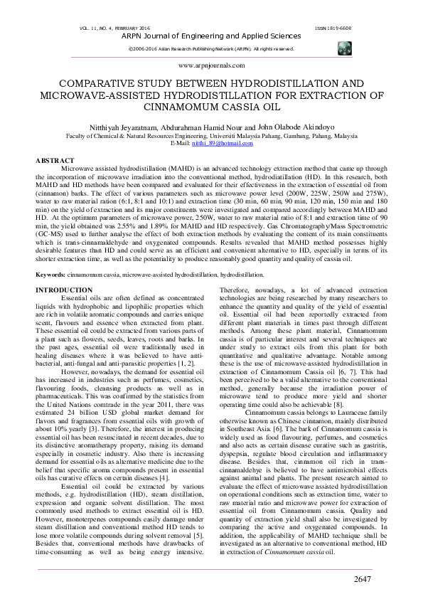 (PDF) Comparative Study between Hydrodistillation and Microwave-assisted Hydrodistillation for ...
