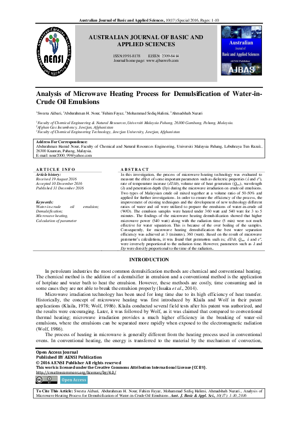 (PDF) Analysis of Microwave Heating Process for Demulsification of ...