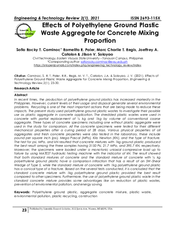 (PDF) Effects of Polyethylene Ground Plastic Waste Aggregate for ...