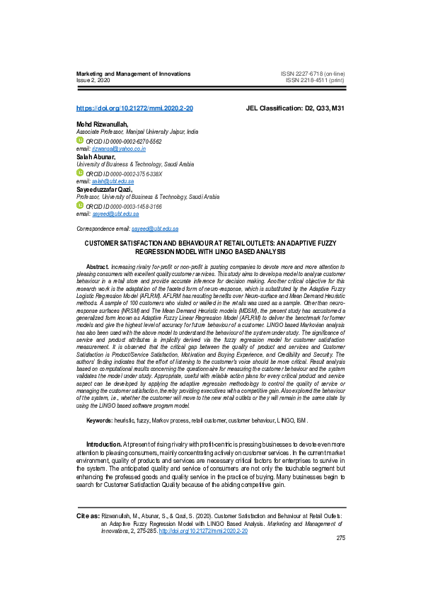(PDF) Customer Satisfaction and Behaviour at Retail Outlets: an Adaptive Fuzzy Regression Model ...