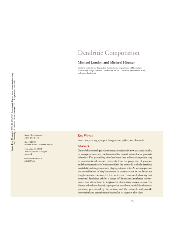 Pdf Dendritic Computation