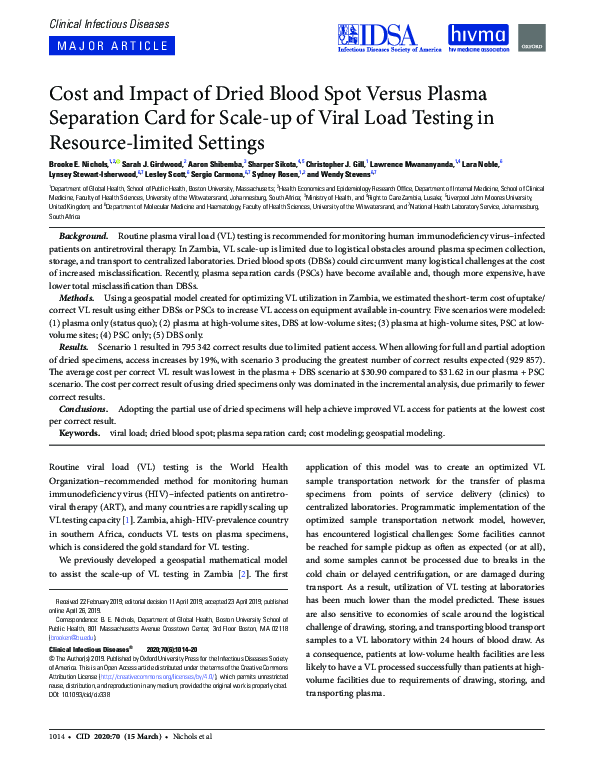 (PDF) Cost and Impact of Dried Blood Spot Versus Plasma Separation Card ...