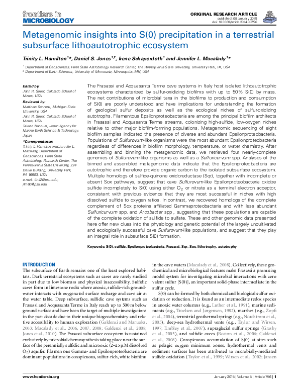 (PDF) Metagenomic insights into S(0) precipitation in a terrestrial ...