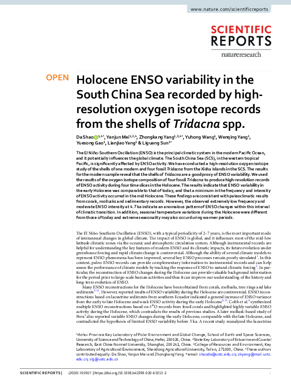 (PDF) Holocene ENSO variability in the South China Sea recorded by high ...