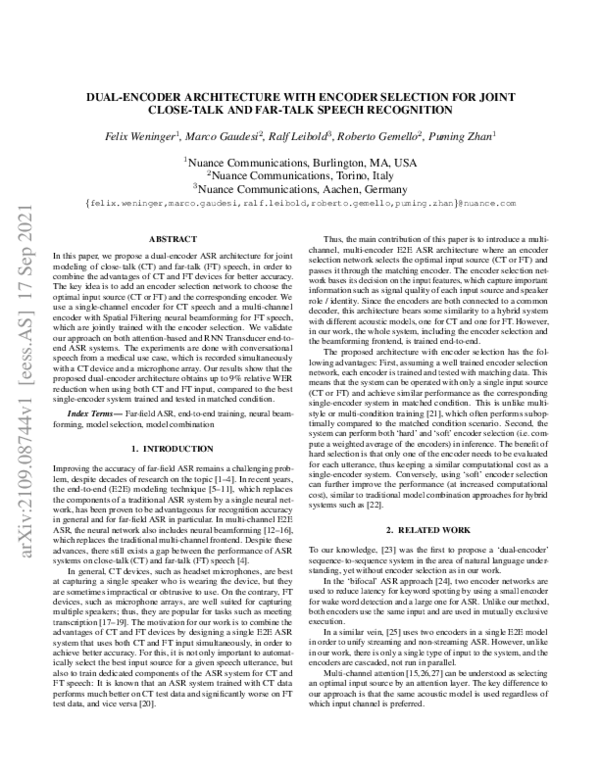 Pdf Dual Encoder Architecture With Encoder Selection For Joint Close Talk And Far Talk Speech