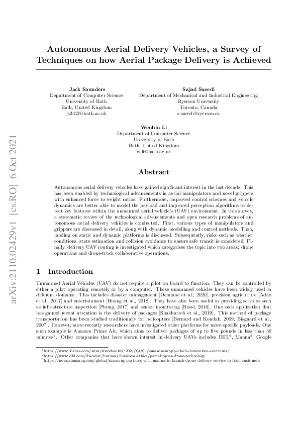 (PDF) Autonomous Aerial Delivery Vehicles, a Survey of Techniques on ...