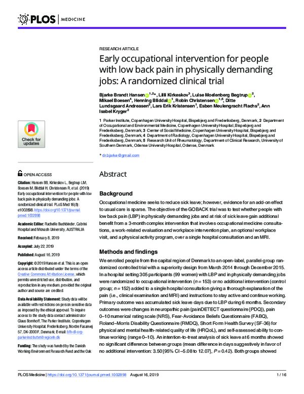 (PDF) Early occupational intervention for people with low back pain in ...