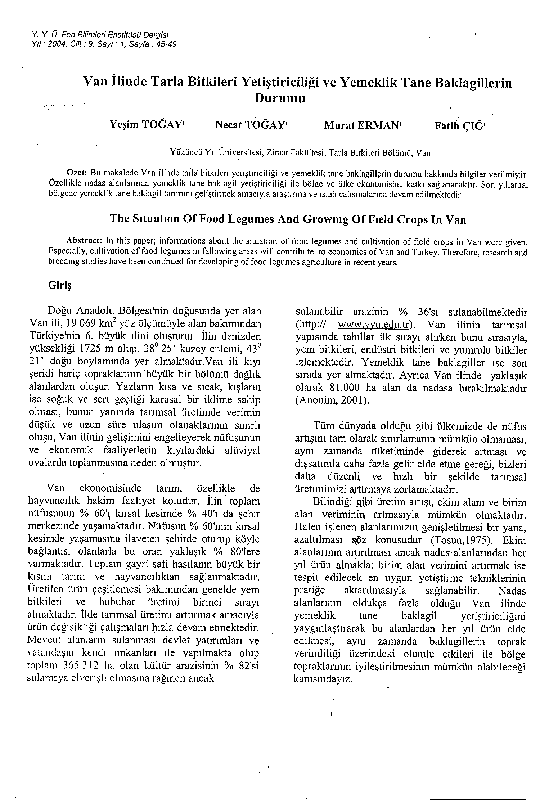 (PDF) Van İlinde Tarla Bitkileri Yetiştiriciliği ve Yemeklik Tane ...