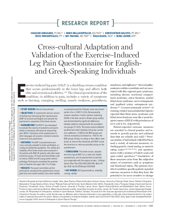 (PDF) Cross-cultural Adaptation and Validation of the Exercise-Induced Leg Pain Questionnaire ...