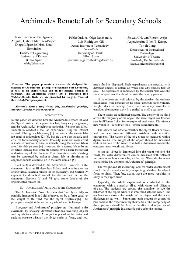 (PDF) Archimedes remote lab for secondary schools
