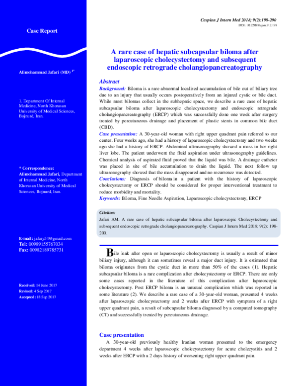 (PDF) A rare case of hepatic subcapsular biloma after laparoscopic ...