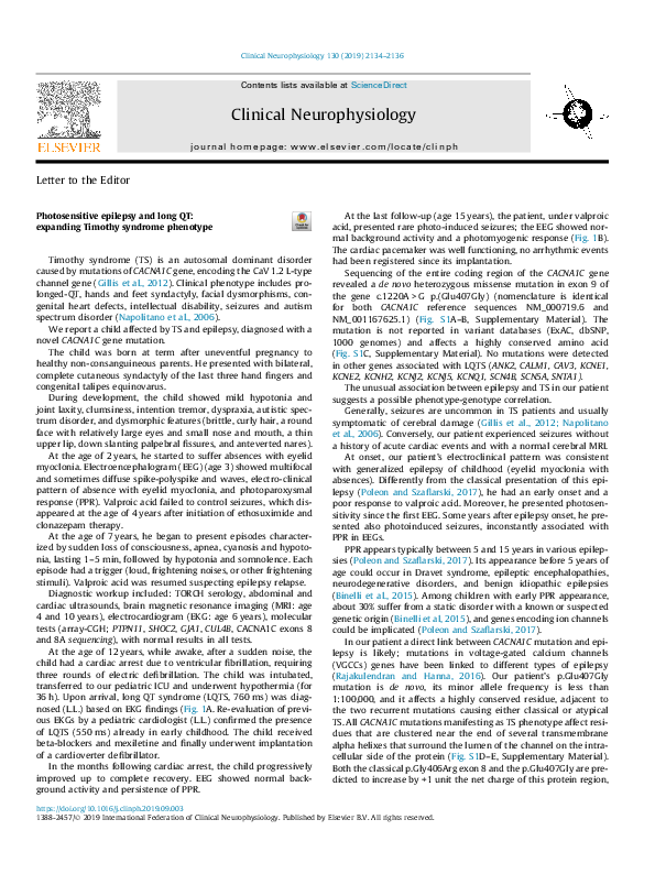 (PDF) Photosensitive epilepsy and long QT: expanding Timothy syndrome ...