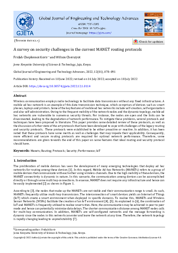 Pdf A Survey On Security Challenges In The Current Manet Routing