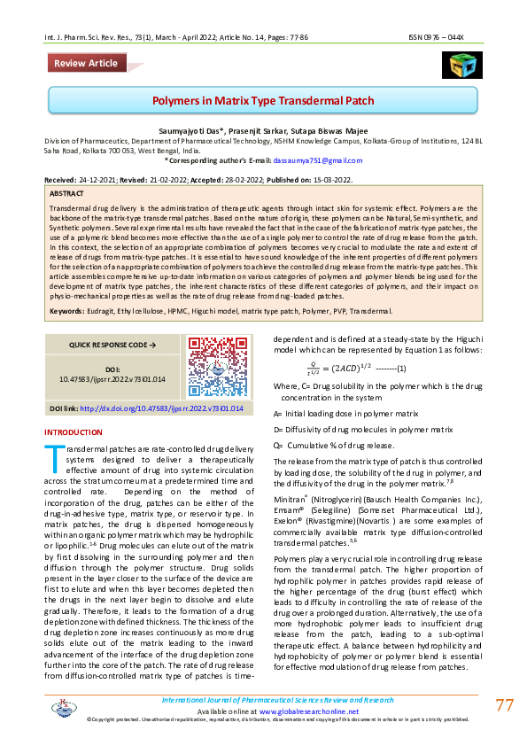 (PDF) Polymers in Matrix Type Transdermal Patch