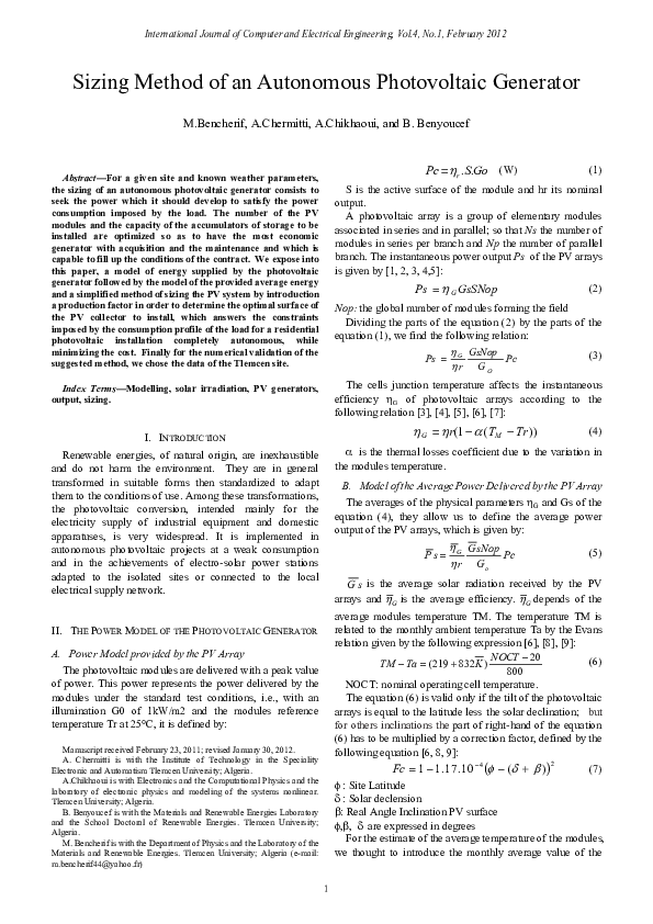 Pdf Sizing Method Of An Autonomous Photovoltaic Generator Mohamed