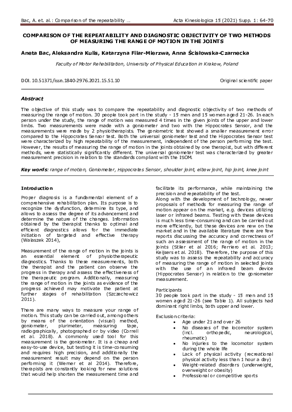 (PDF) Comparison of the Repeatability and Diagnostic Objectivity of Two Methods of Measuring the ...
