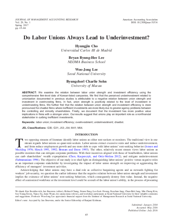(PDF) Do Labor Unions Always Lead to Underinvestment