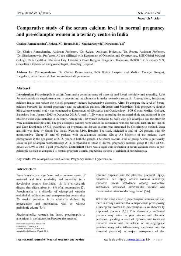 (PDF) Comparative study of the serum calcium level in normal pregnancy and pre-eclamptic women ...