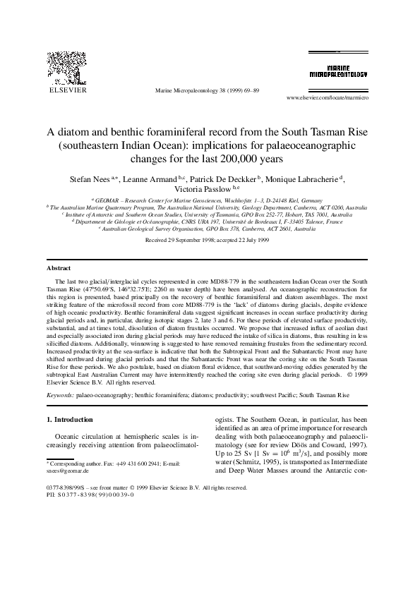 (PDF) A diatom and benthic foraminiferal record from the South Tasman ...