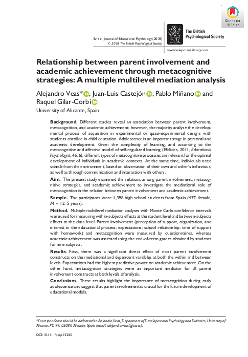 (PDF) Relationship between parent involvement and academic achievement through metacognitive ...