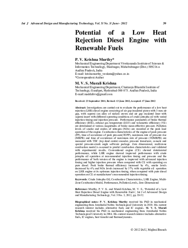 (PDF) Potential of a Low Heat Rejection Diesel Engine with Crude ...
