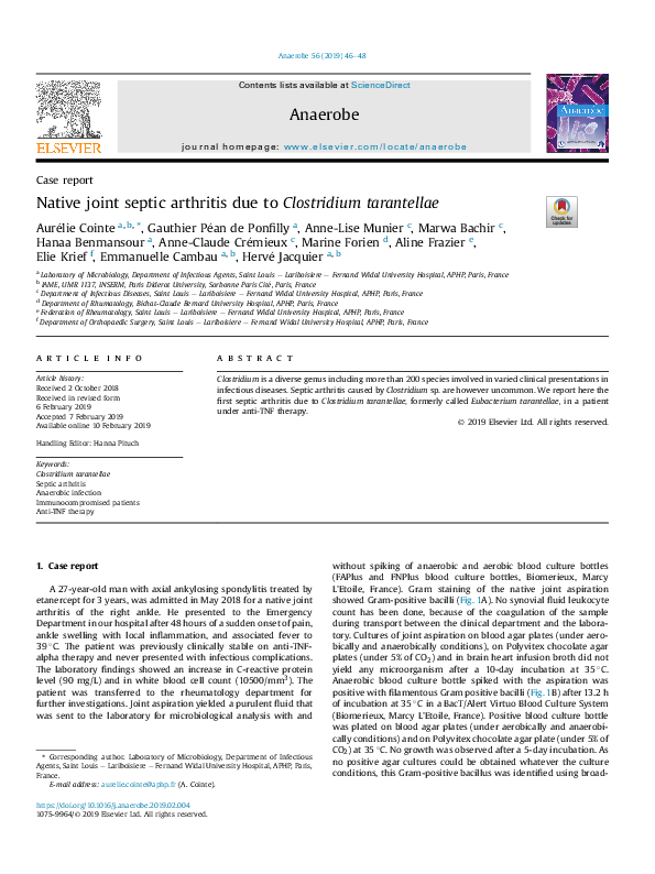 (PDF) Native Joint Septic Arthritis due to Clostridium tarantellae
