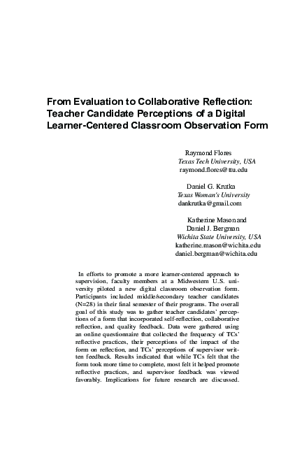 (PDF) From Evaluation to Collaborative Reflection: Teacher Candidate Perceptions of a Digital ...