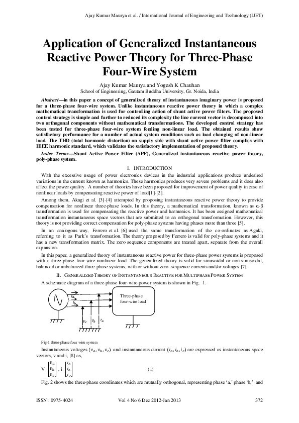 Pdf Application Of Generalized Instantaneous Reactive Power Theory