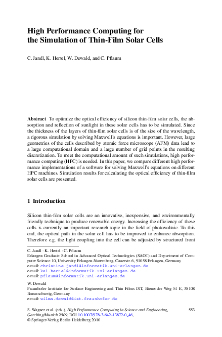 (PDF) High Performance Computing for the Simulation of Thin-Film Solar Cells