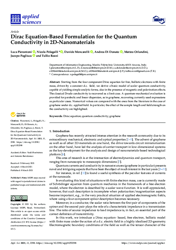 (PDF) Dirac Equation-Based Formulation for the Quantum Conductivity in 2D-Nanomaterials