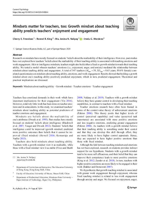 (PDF) Mindsets matter for teachers, too: Growth mindset about teaching ability predicts teachers ...