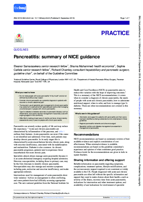 (PDF) Pancreatitis: summary of NICE guidance