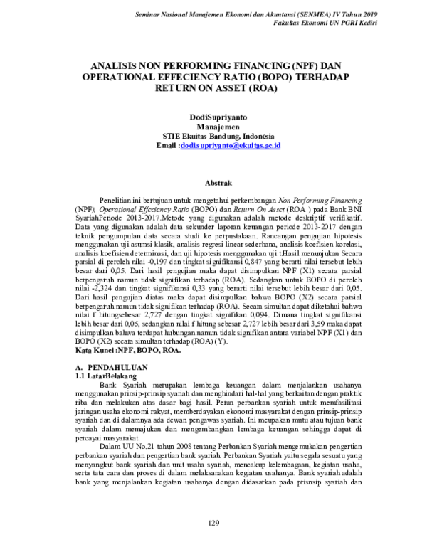 (PDF) Analisis Non Performing Financing (NPF) Dan Operational Effeciency Ratio (Bopo) Terhadap ...
