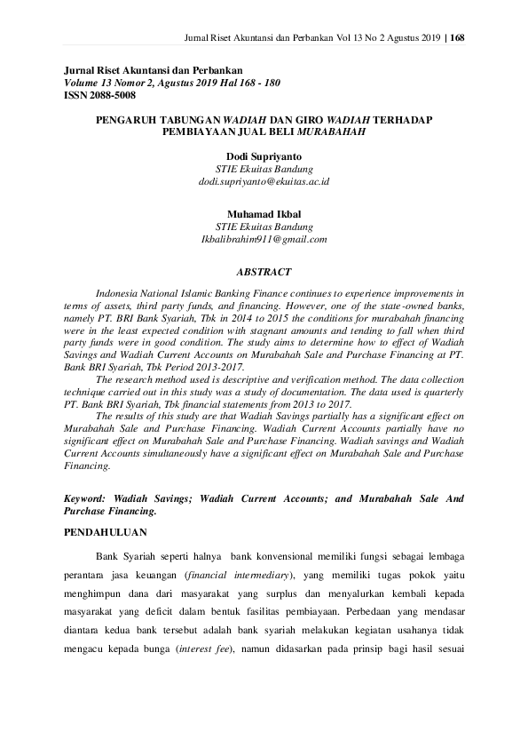 (PDF) Pengaruh Tabungan Wadiah Dan Giro Wadiah Terhadap Pembiayaan Jual Beli Murabahah