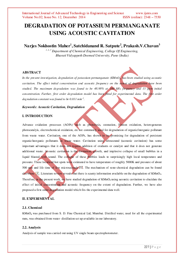 (PDF) Degradation of Potassium Permanganate Using Acoustic Cavitation