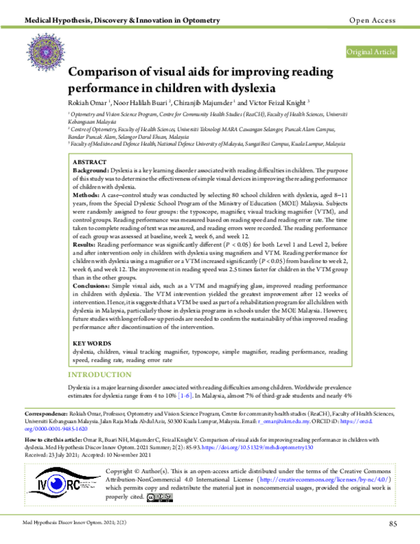 (PDF) Comparison of visual aids for improving reading performance in children with dyslexia