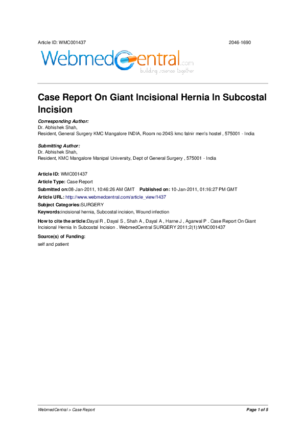 (PDF) Case Report On Giant Incisional Hernia In Subcostal Incision