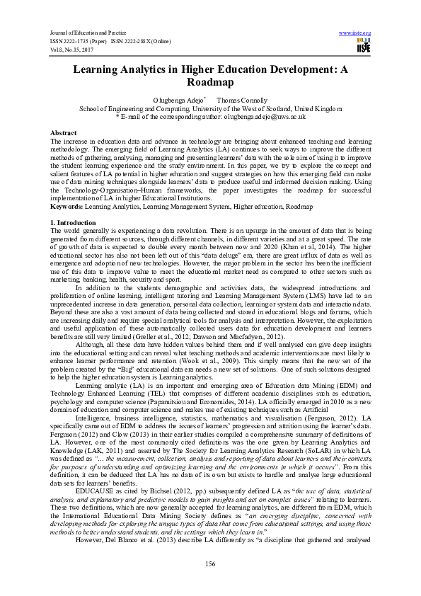 (PDF) Learning analytics in higher education development: a roadmap
