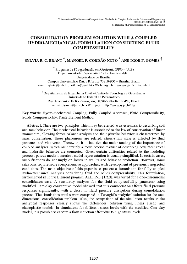 (PDF) Consolidation problem solution with a coupled hydro-mechanical formulation considering ...