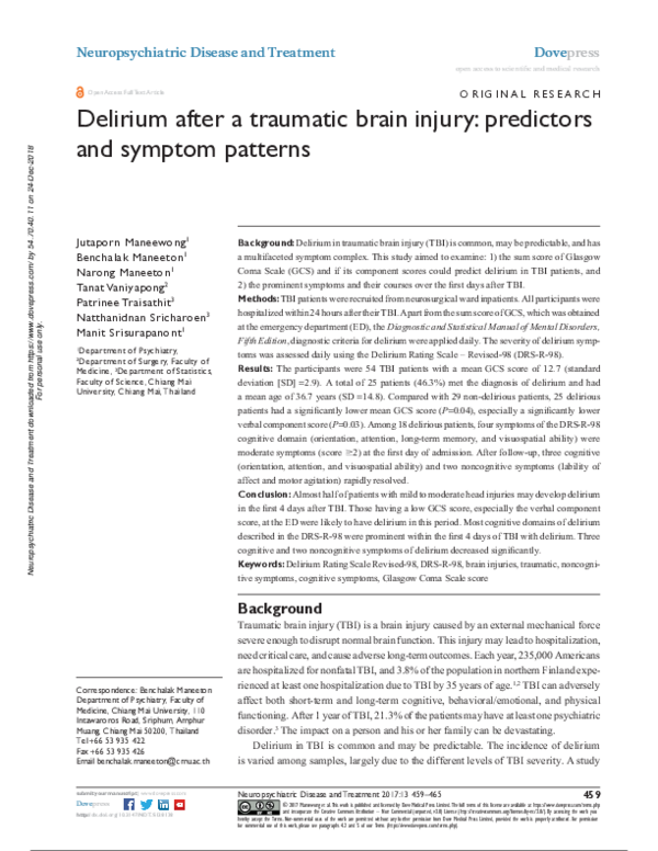 (PDF) Delirium after a traumatic brain injury: predictors and symptom ...