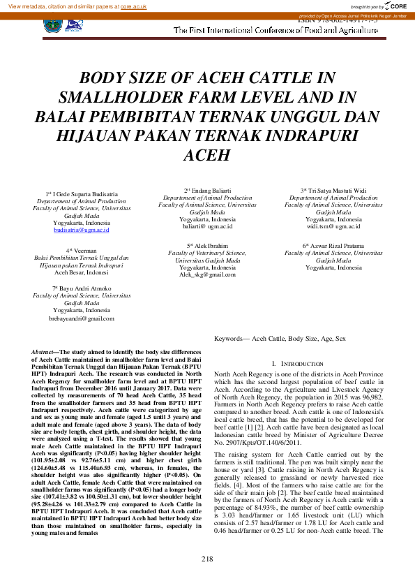 (PDF) Body Size of Aceh Cattle in Smallholder Farm Level and in Balai ...