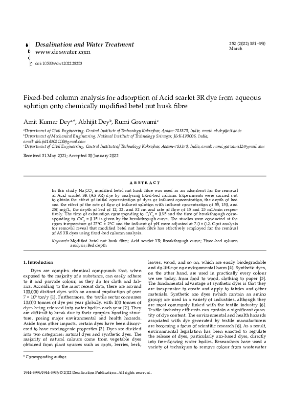 (PDF) Fixed-bed column analysis for adsorption of acid scarlet 3R dye from aqueous solution onto ...