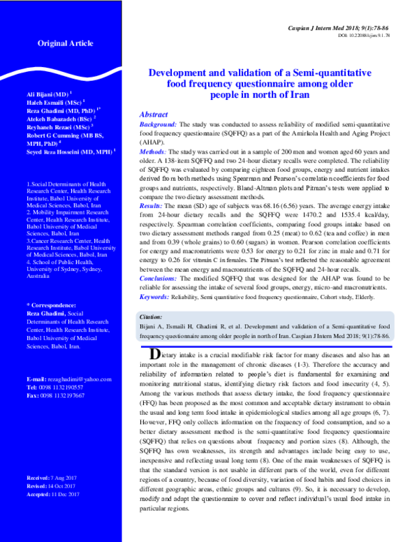 Pdf Development And Validation Of A Semi Quantitative Food Frequency Questionnaire Among Older