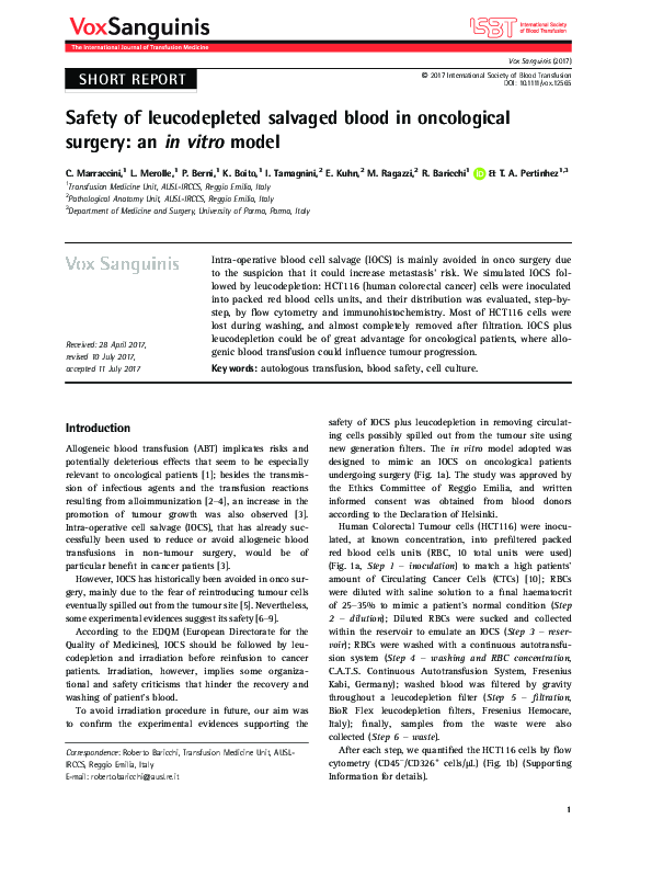 (PDF) Safety of leucodepleted salvaged blood in oncological surgery: an ...