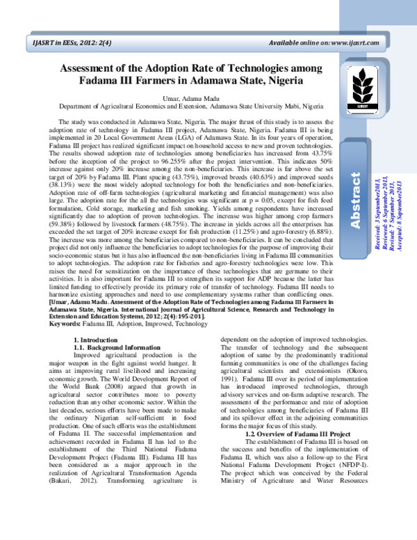 (PDF) Assessment of the Adoption Rate of Technologies among Fadama III ...