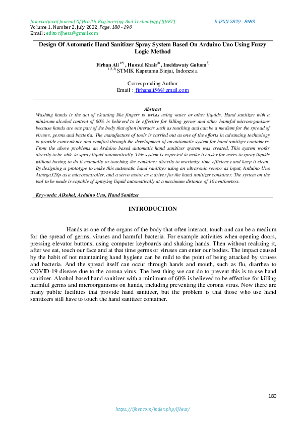 (PDF) Design Of Automatic Hand Sanitizer Spray System Based On Arduino Uno Using Fuzzy Logic Method