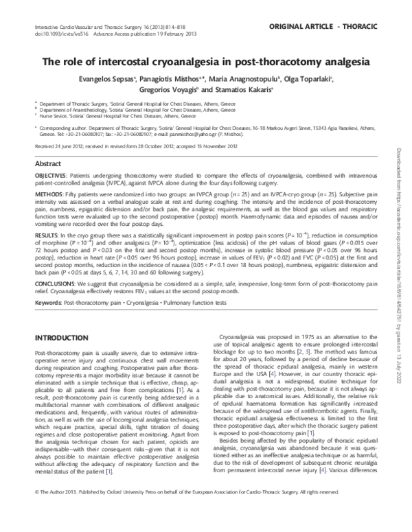 (PDF) The role of intercostal cryoanalgesia in post-thoracotomy ...