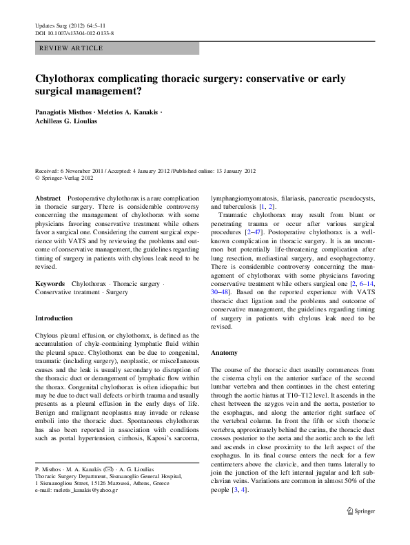 (PDF) Chylothorax complicating thoracic surgery: conservative or early ...